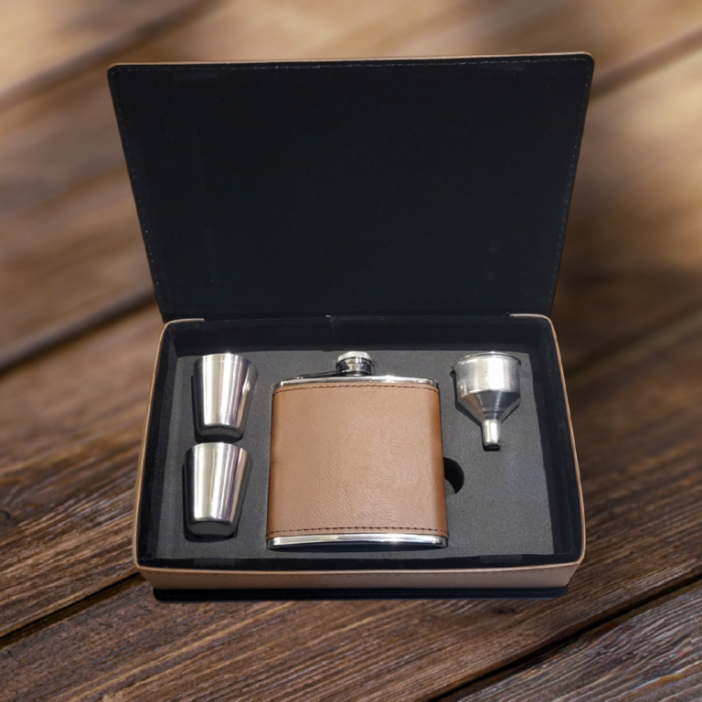 Leather Wrapped Flask Set in Leather Case - Custom Crafted Engraving